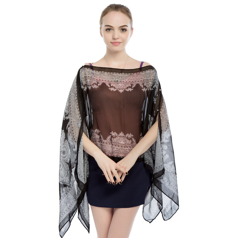 Women Chiffon Floral Print Shawls Blouse Top Wrap Beach Sun Protection ...