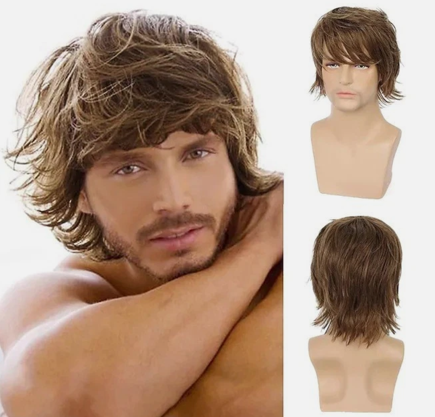 Men's Wig Curly Hair Full Wig Dark Golden Men's Synthetic Wig+Wig Cap | eBay