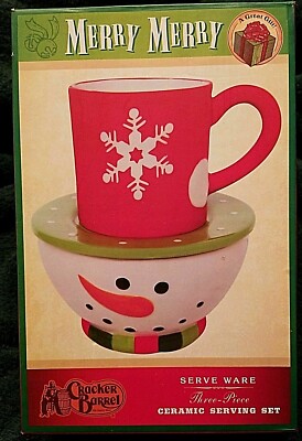 Cracker Barrel Snow Days 3 Pc Snowman Serve Ware Cup Mug Plate Bowl ...