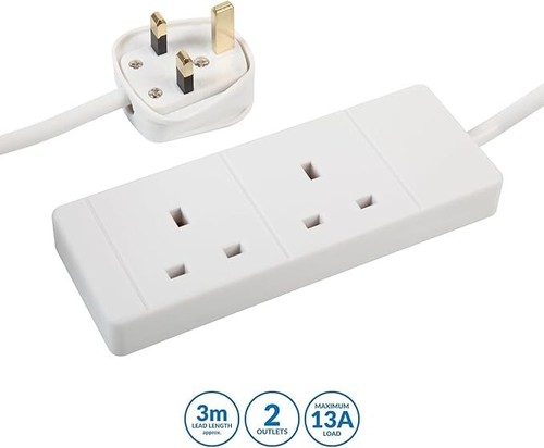 2 Way Mains Extension Lead Gang Double Socket Power Cable White UK ...