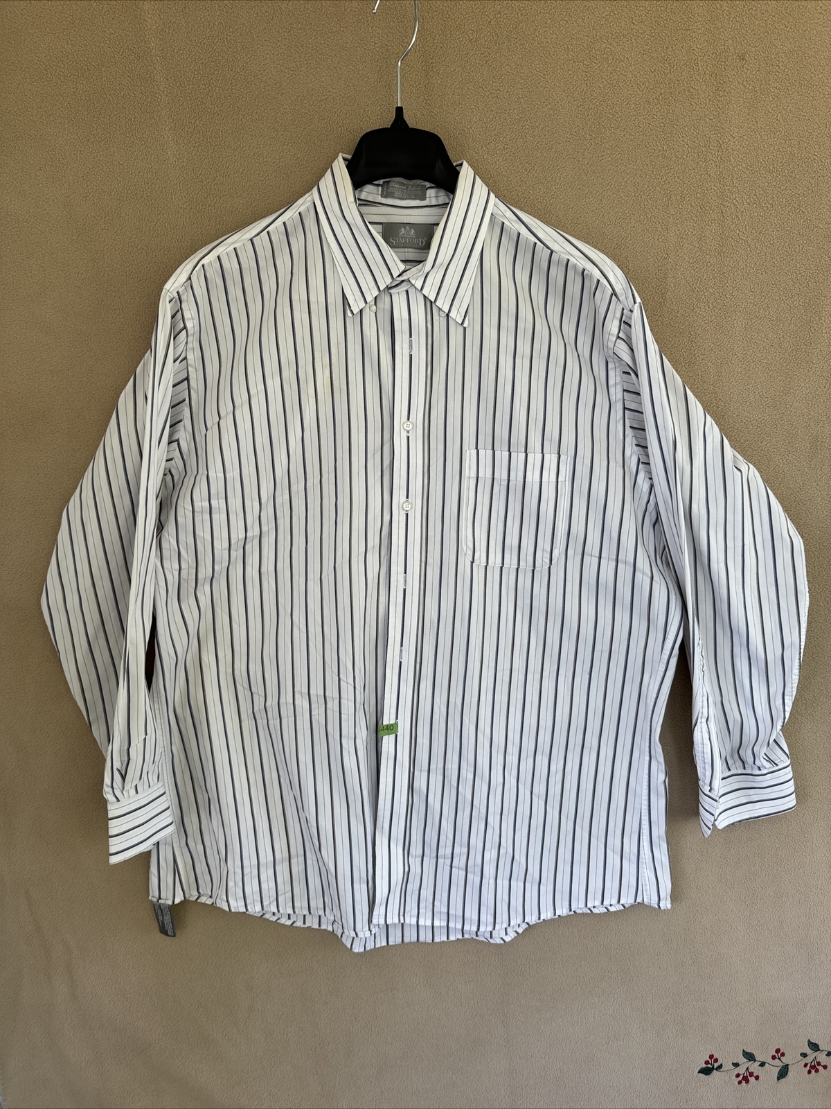 Stafford Dress Shirt Mens 17.5 34 White Blue Stripe pinpoint Oxford ...