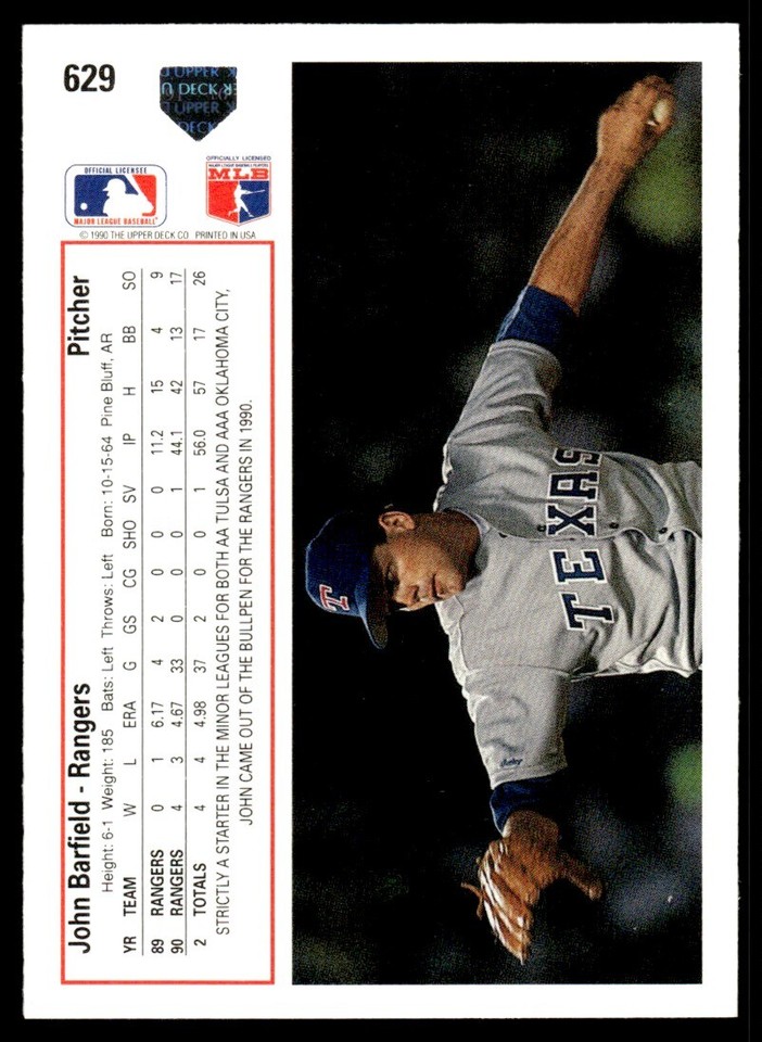 1991 UPPER DECK JOHN BARFIELD #629 RC TEXAS RANGERS 6781 | eBay