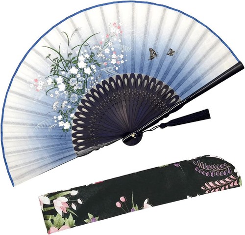 Zolee Folding Hand Fan for Women - Foldable Chinese Blue Thatch Flowers ...