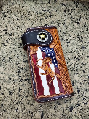 Flower Carved Wallet Handmade Cowboy Wallet Mens Bifold Wallet Chain ...