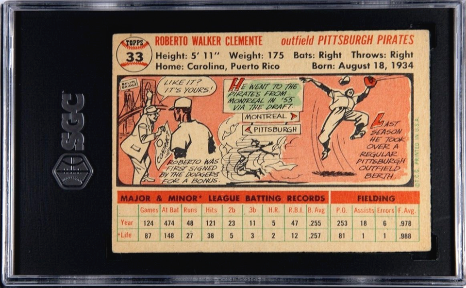 Roberto Clemente 1956 Topps SGC 1.5 Baseball Card White Back Vintage ...