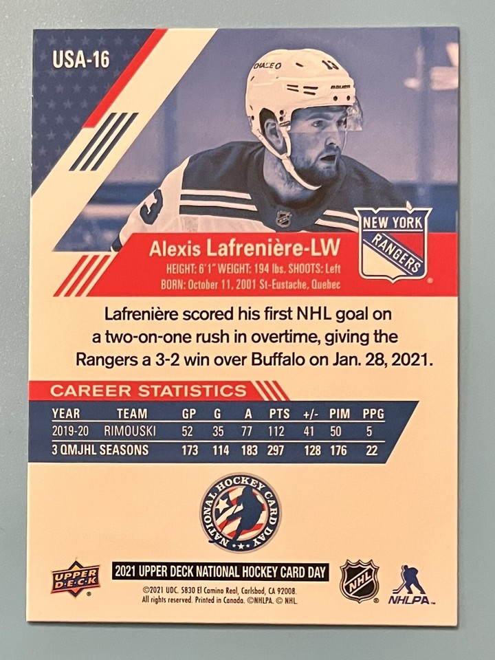 ALEXIS LAFRENIERE ROOKIE CARD RC 2021 UPPER DECK NATIONAL HOCKEY DAY # ...