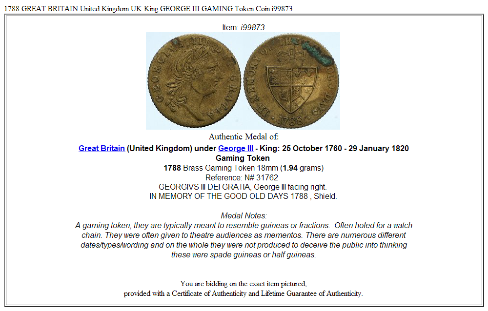 1788 GREAT BRITAIN United Kingdom UK King GEORGE III GAMING Token Coin ...