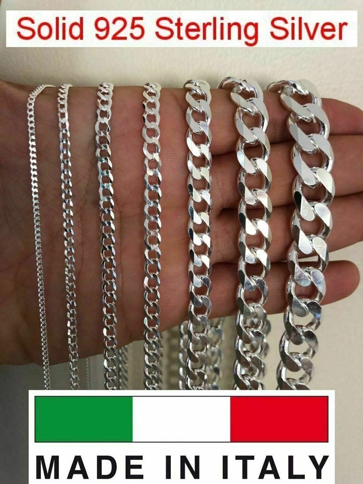 Real Solid 925 Sterling Silver Cuban Chain Men's Women's 2-16mm Italy ...