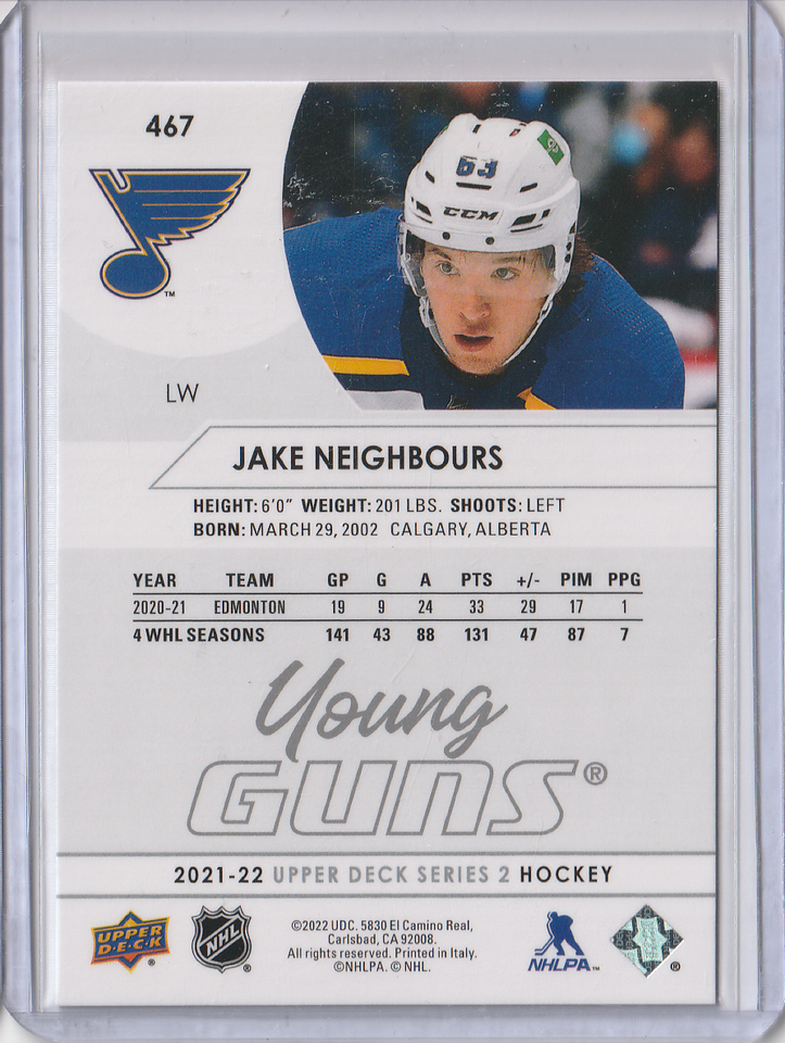 2021-22 UD SERIES 2 JAKE NEIGHBOURS YOUNG GUNS ROOKIE #467 | eBay