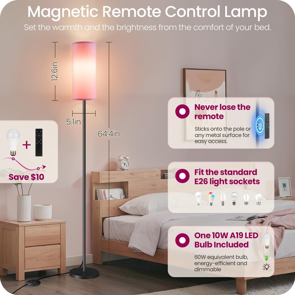 Dimmable Pink Floor Lamp for Living Room with Remote and Foot 66 inches ...