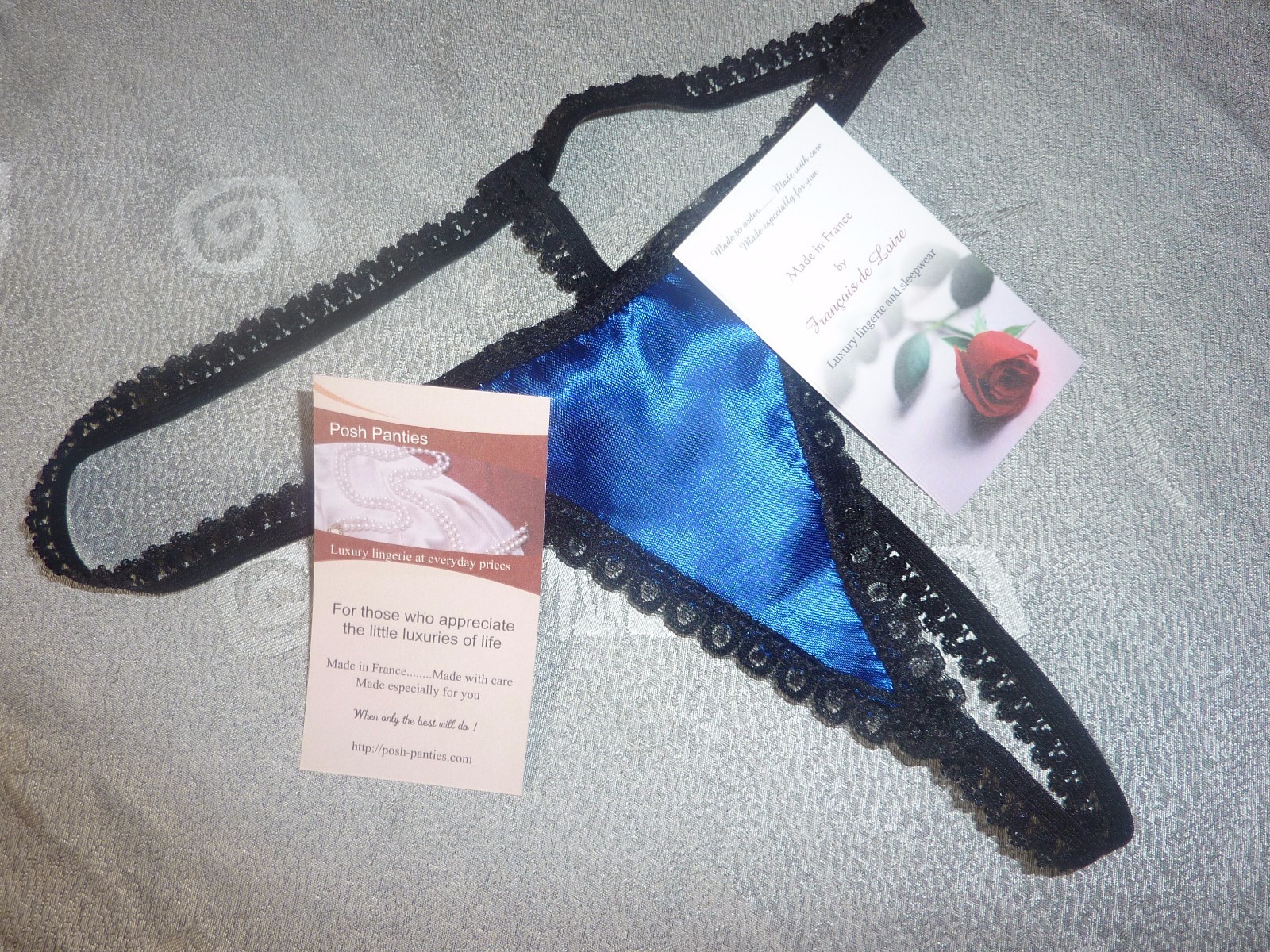 ROYAL BLUE shiny SATIN mini MICRO G STRING black lace Made France Sexy ...