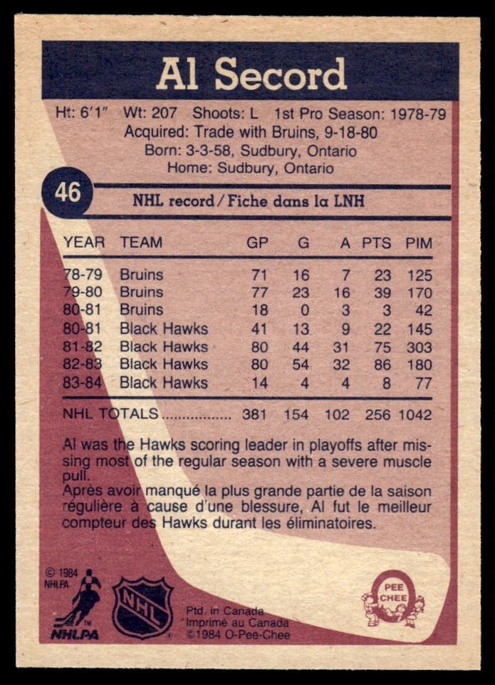 1984-85 O-Pee-Chee Al Secord Chicago Blackhawks #46 | eBay
