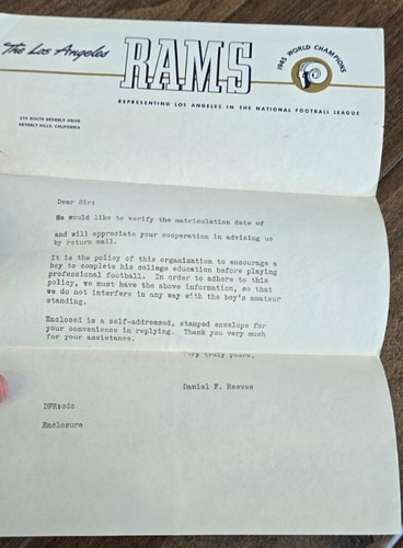 1946 DAN REEVES OWNER LOS ANGELES RAMS ORIGINAL LETTER TO COLLEGE ...