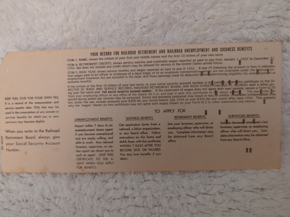 1954 United States of America Railroad Retirement Board Pension Punch ...
