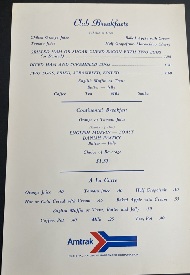 Vtg 2 Amtrak Railroad Dining Car Menus Breakfast and Luncheon Single ...