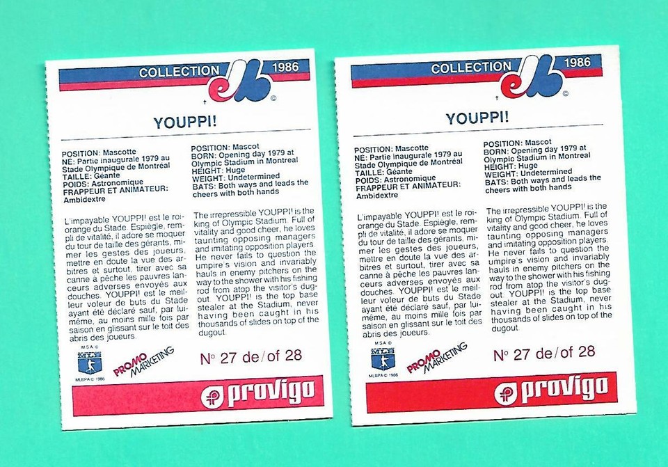 (2) YOUPPI 1986 PROVIGO FOOD PRINT VARIATION EXPOS/CANADIENS CARD ...