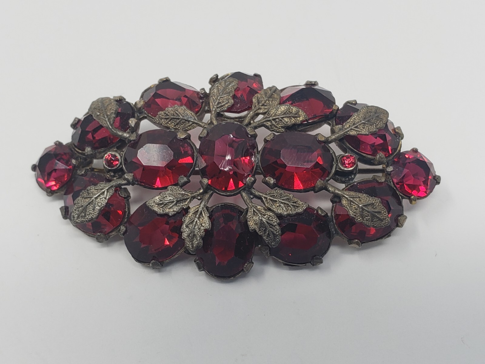 Antique Red Rhinestone Filigree Large Brooch, Pat Pend - Gem