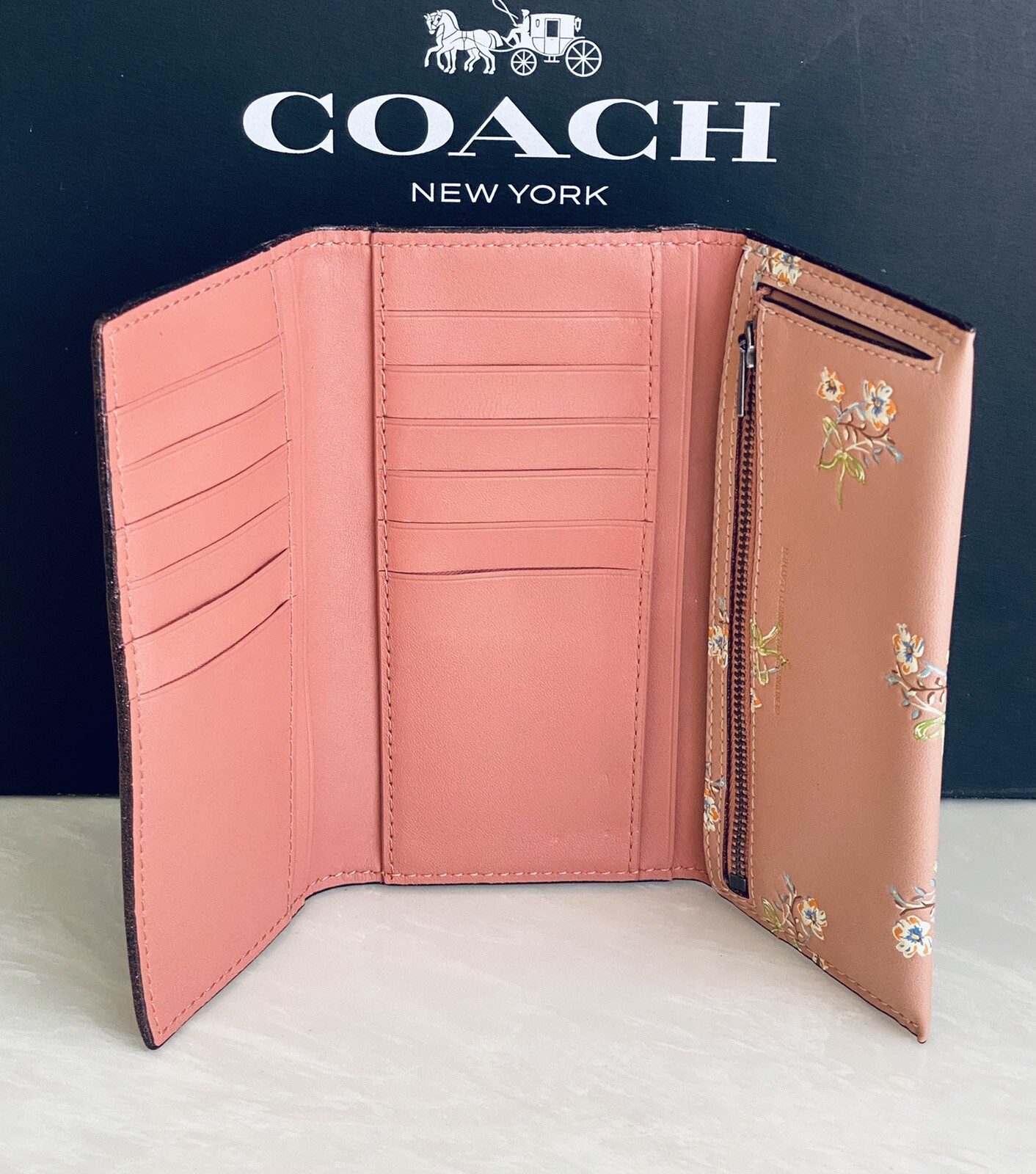 COACH DUSTY ROSE FLOWER & BOW SLIM TRIFOLD SNAP WALLE… - Gem