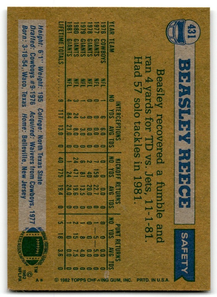 1982 Topps Beasley Reece New York Giants #431 | eBay