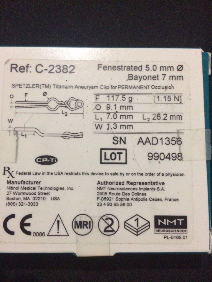 SPETZLER Aneurysm Clip C-2382 Fenestrated 5.0 mm D. Bayonet 7 mm L ...
