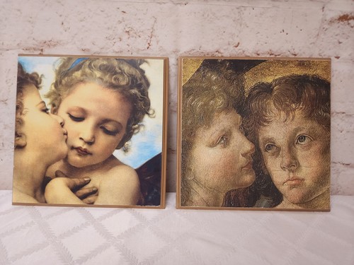 2 Wall Art Wood Plaque Pictures Kissing Angels & Leonardo Da Vinci ...
