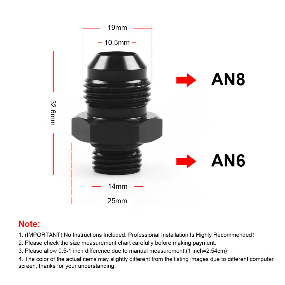 For ORB-6 O-Ring Boss AN6 6AN to AN8 8AN Male Adapter Fitting Black ...