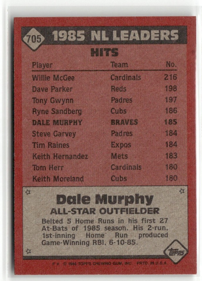 1986 TOPPS #705 DALE MURPHY ATLANTA BRAVES | eBay