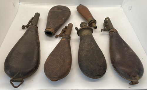 lot of powder flasks re-enactment collector for resto 2 hawksley some leather | eBay UK