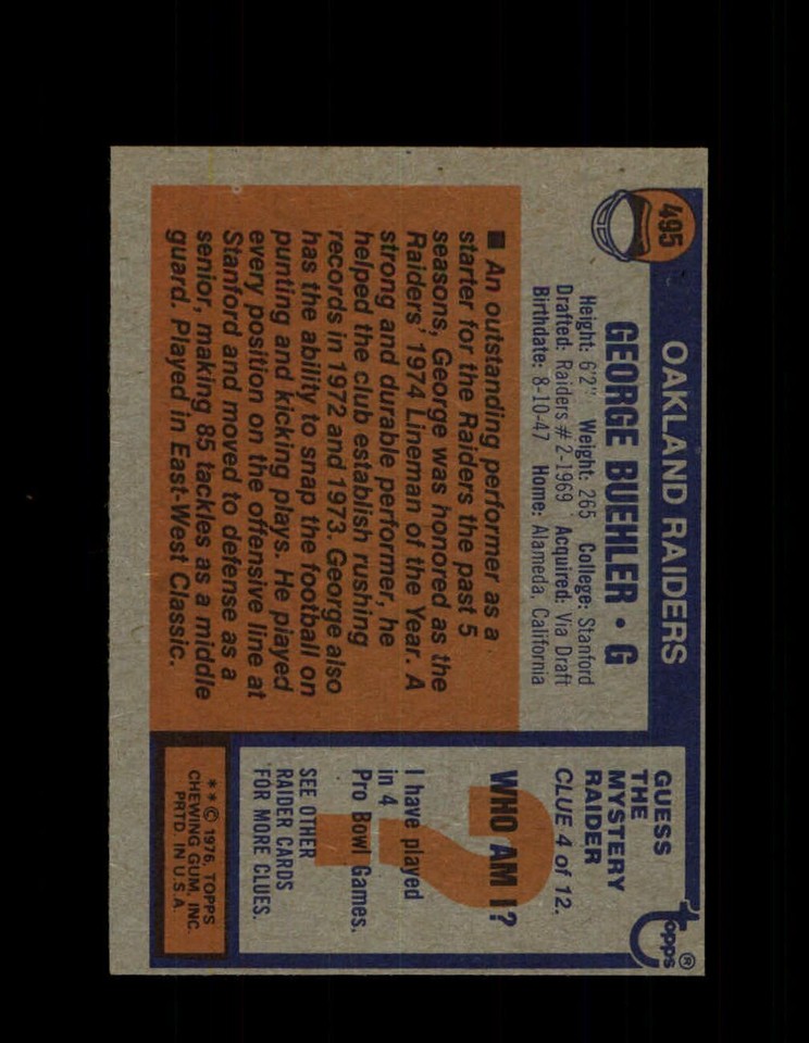 1976 GEORGE BUEHLER TOPPS #495 RAIDERS *9350 | eBay