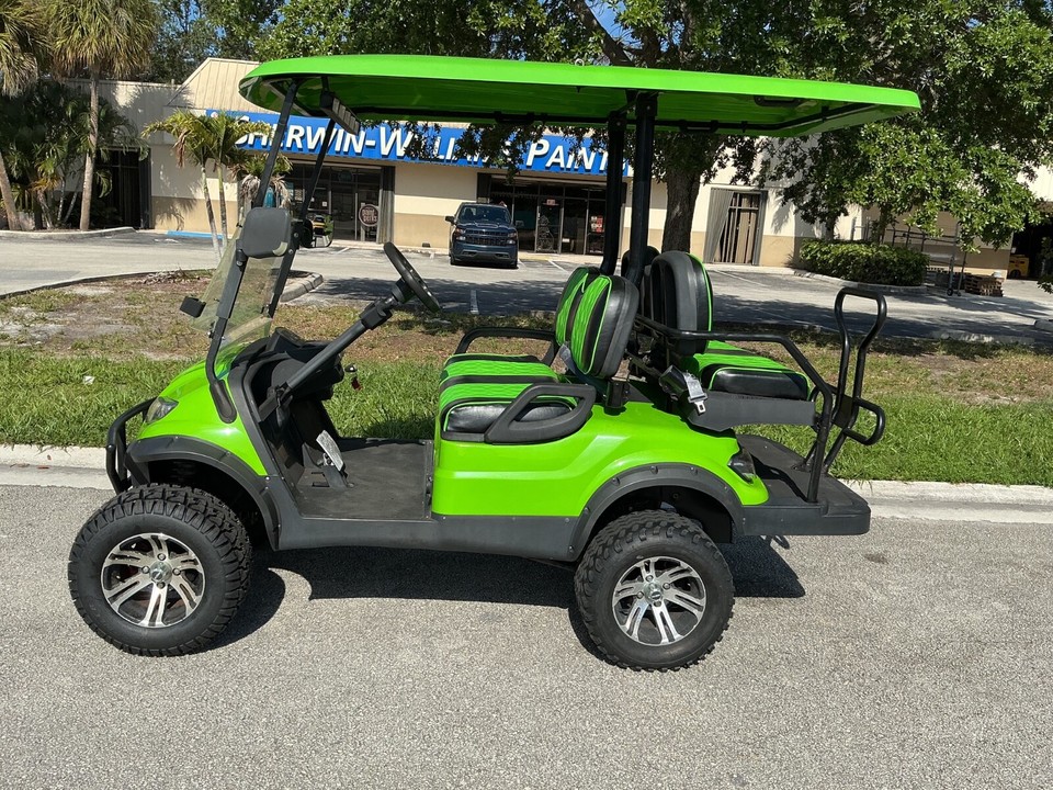 Lime green ICON 4 PASSENGER SEAT LIFTED STREET LEGAL READY GOLF CART ...