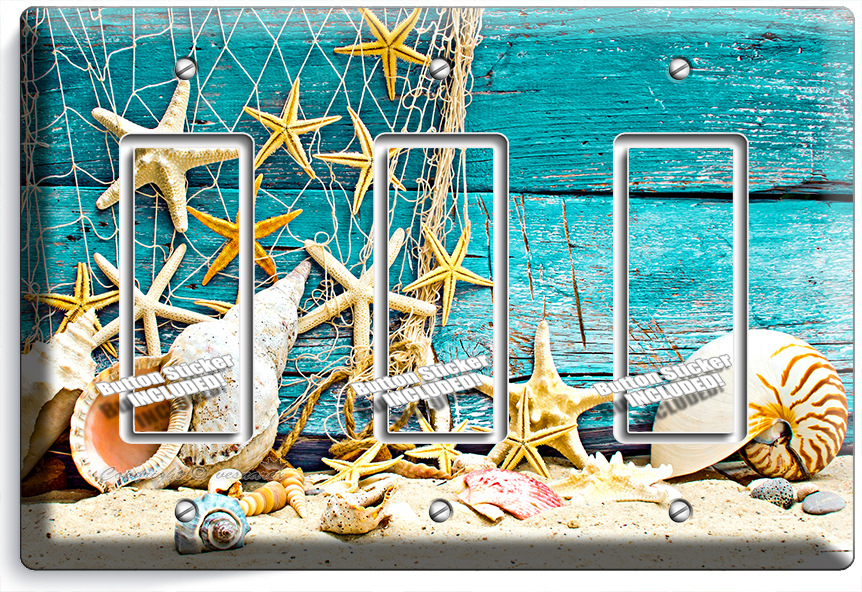 RUSTIC NAUTICAL SEA SHELLS FISH NET LIGHT SWITCH WALLPLATE OUTLET ...