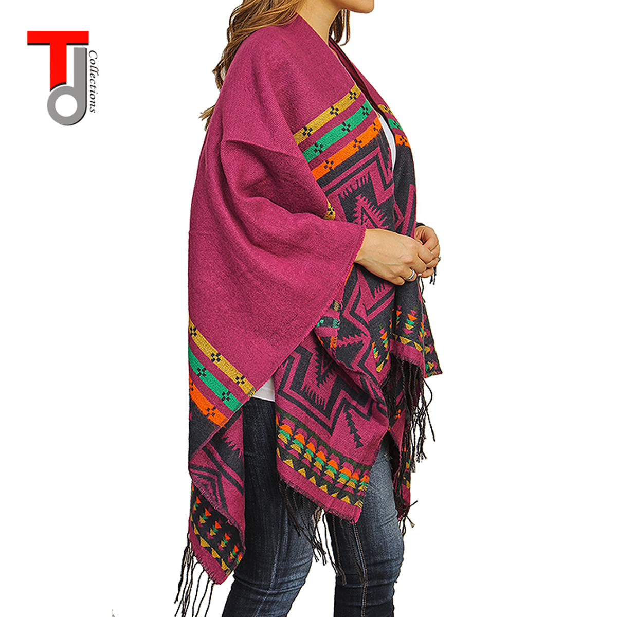 Winter Aztec Kimono New Print Fringed Colorful Oversize Poncho Blanket ...