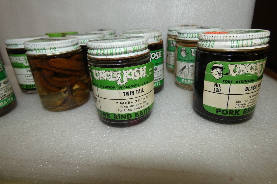 12 Vintage Uncle Josh Glass Jar Pork Rind Trailer Frog Eel Lizard Twin ...