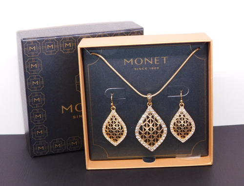 Vintage MONET Gold Tone & Clear Rhinestone Pendant Necklace Earrings ...