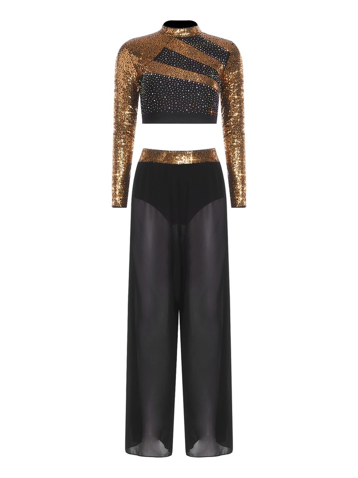 Women Outfit Back Dancewear Side Split Costumes Ruffles Dance Gold ...