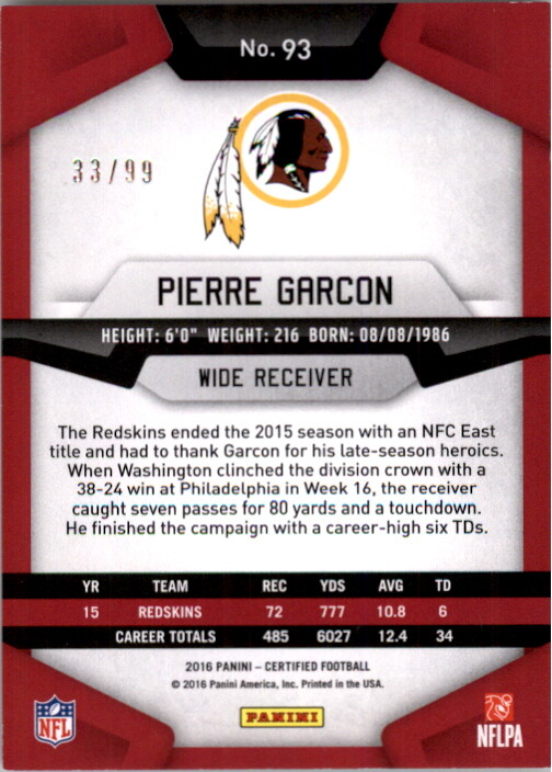 2016 Certified Mirror Red Redskins Football Card #93 Pierre Garcon /99 ...
