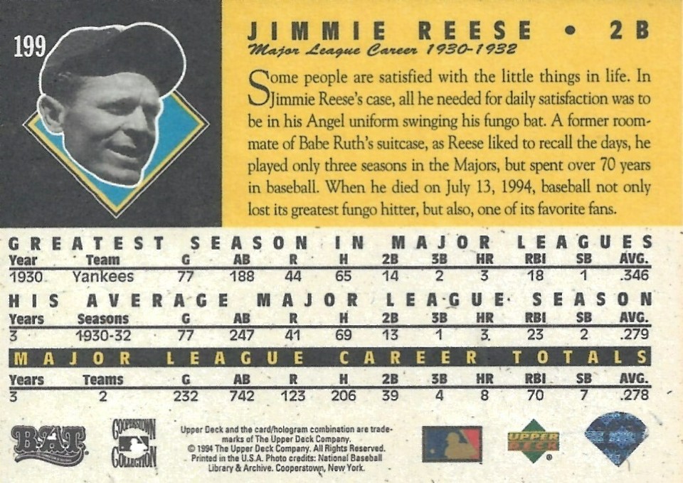 1994 Upper Deck All Time Heroes 125th Anniversary Jimmie Reese 199 ...