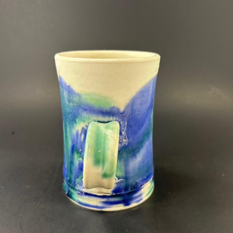 Studio Pottery Coffee Mug in Blue & Green Drip Glaze Low Handle | eBay