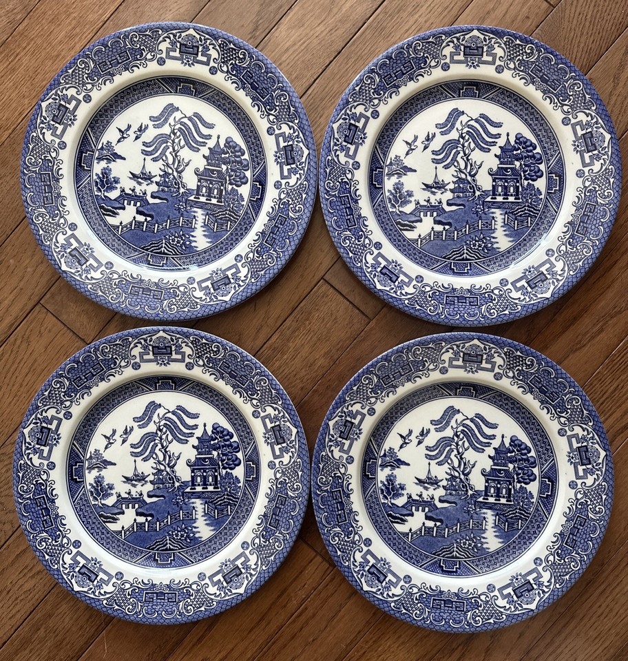 4 Blue Willow EIT Dinner Plate SET 9-3/4”ENGLAND IRONSTONE Transferware ...