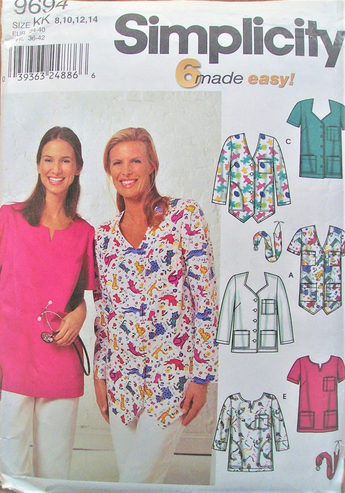 Simplicity Pattern 9694 Size U5 16-24 Misses Scrubs Uniform Tops for ...