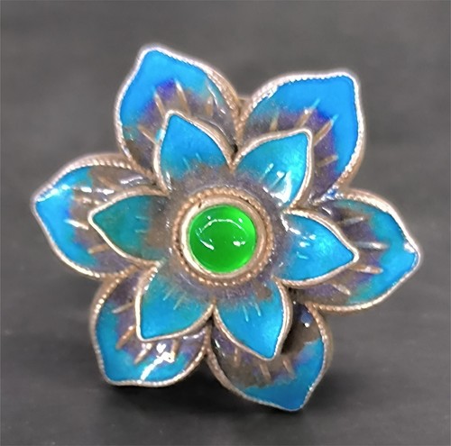 1.37" Old Chinese Miao nationality Jadeite Magnolia flower Blue ...