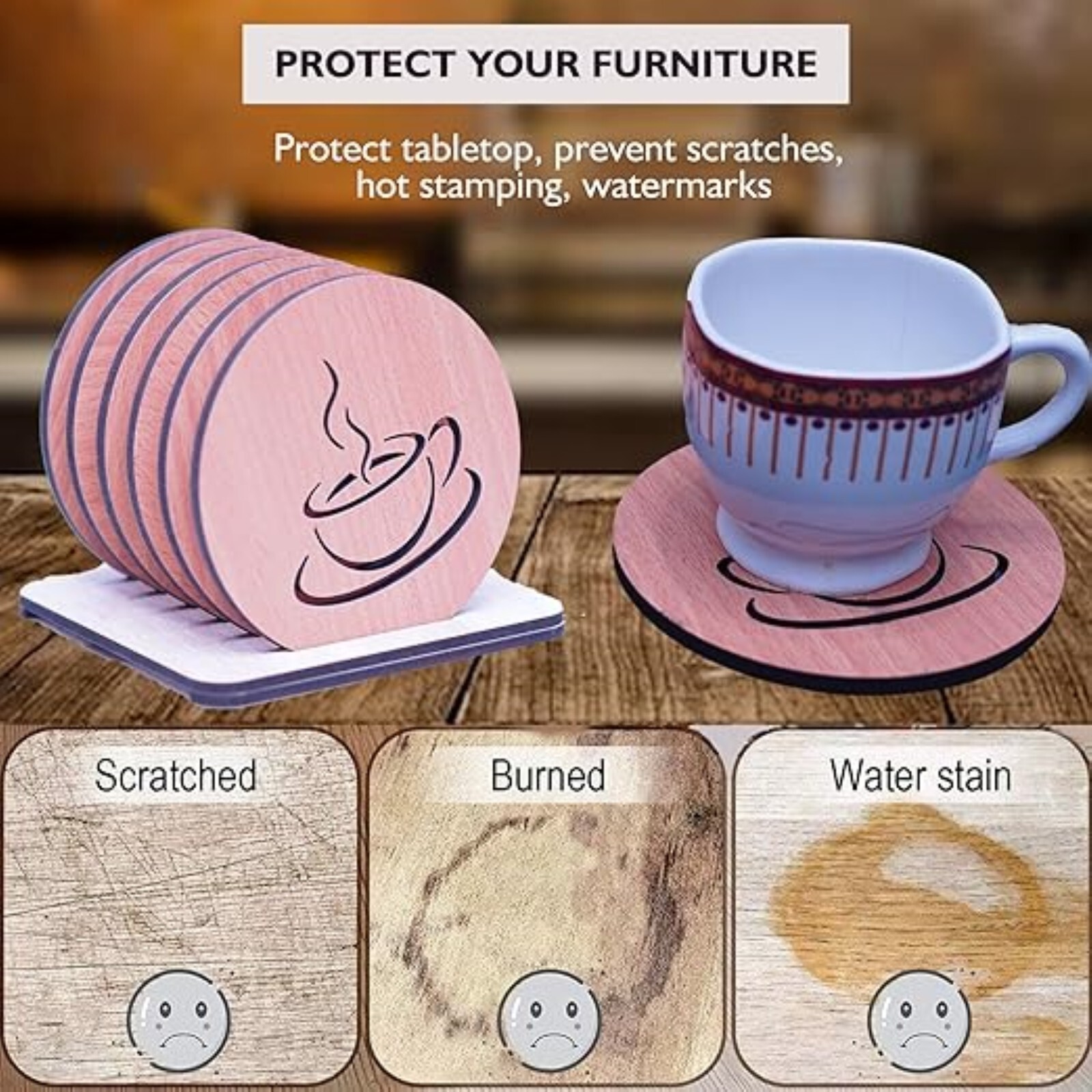 Elegant Wooden Coasters for Cups - Set of 6 with Stand Prevent Rings ...
