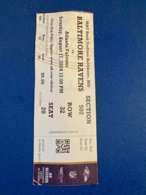 ATLANTA FALCONS FULL Ticket Stub 8/17/24 vs BALTIMORE RAVENS M&T Bank ...