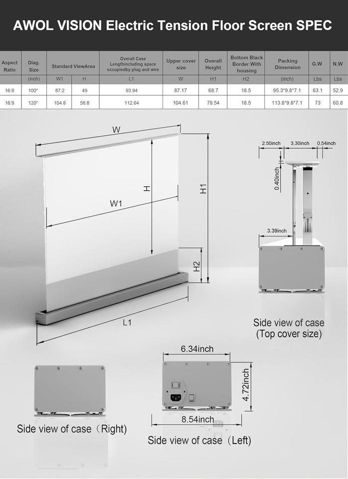 AWOL VISION 100" Motorized Rising Floor Stand Projector Theater Screen ...