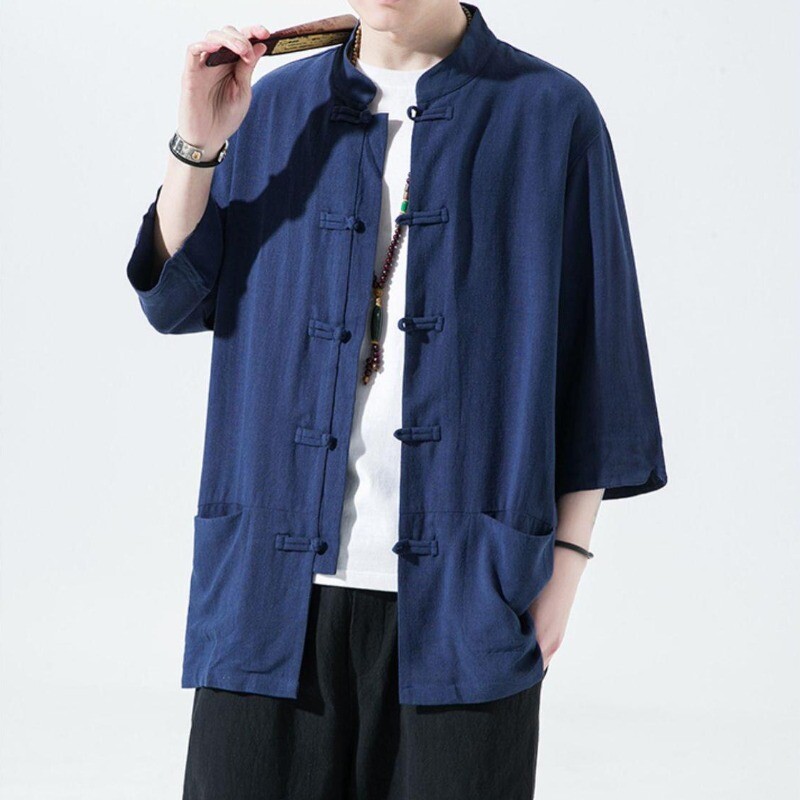 Men Chinese Tai Chi Tang Suit Half Sleeve Shirt Kung Fu Jacket Retro ...