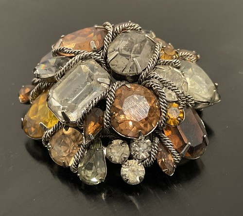 VOGUE Rhinestone Pin Brooch Domed Chain Accents Silver Tone Signed ...