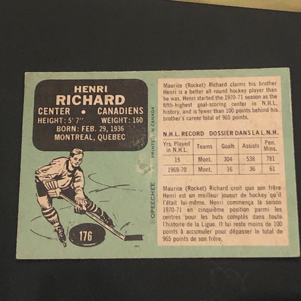 1970-71 O-PEE-CHEE #176 HENRI RICHARD MONTREAL CANADIENS CENTER | eBay