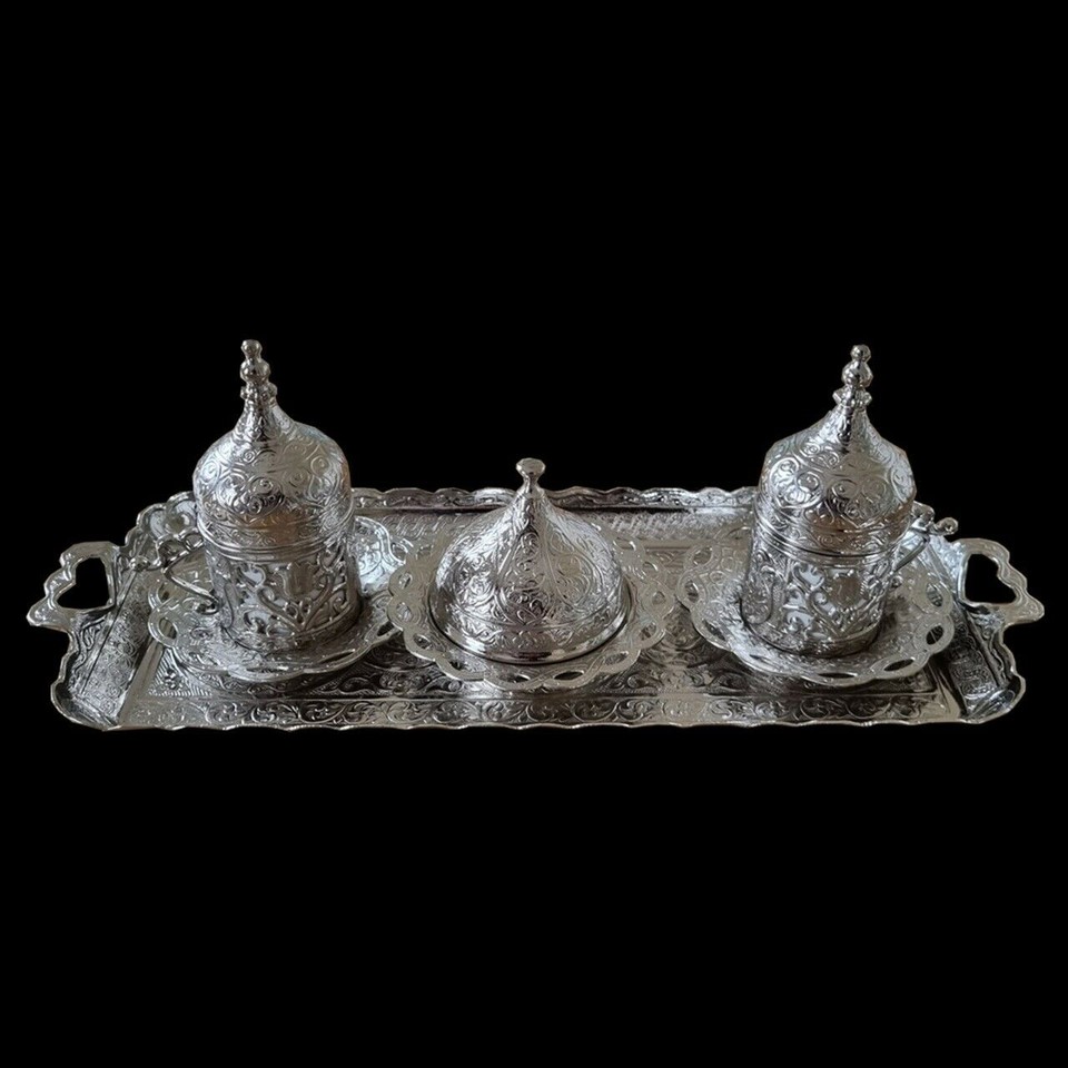 Ottoman Turkish Silver Metal Tea Coffee Saucers Cups Tray Set - Over ...
