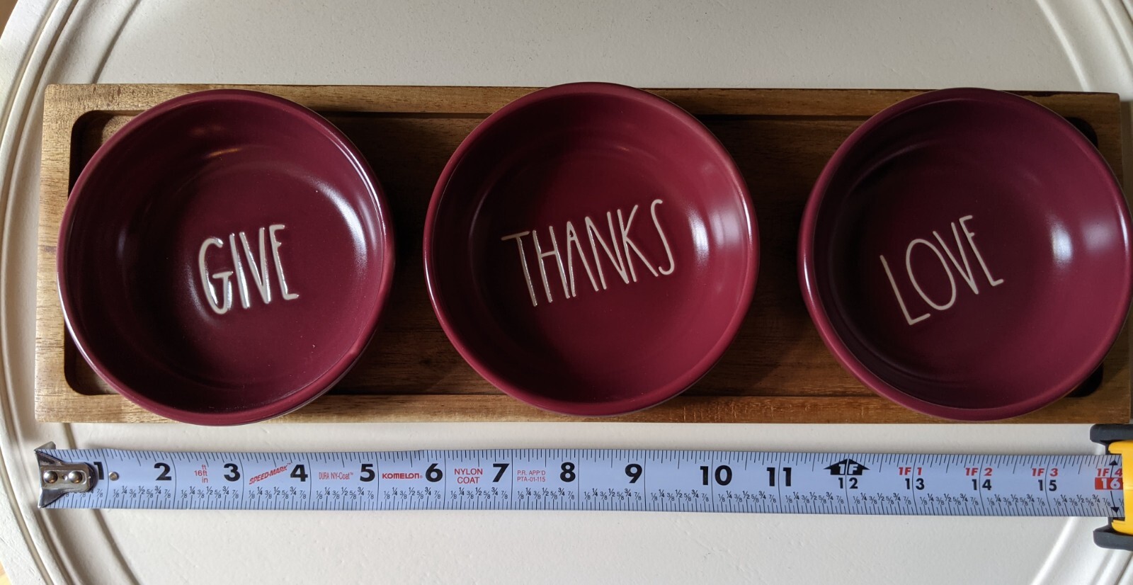 Rae Dunn "Give Thanks Love" Tasting Maroon Bowls w Wooden Tray 4-pc Set ...