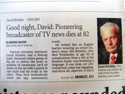 2003 newspaper DEATH of ABC & NBC newscaster DAVID BRINKLEY & actor ...